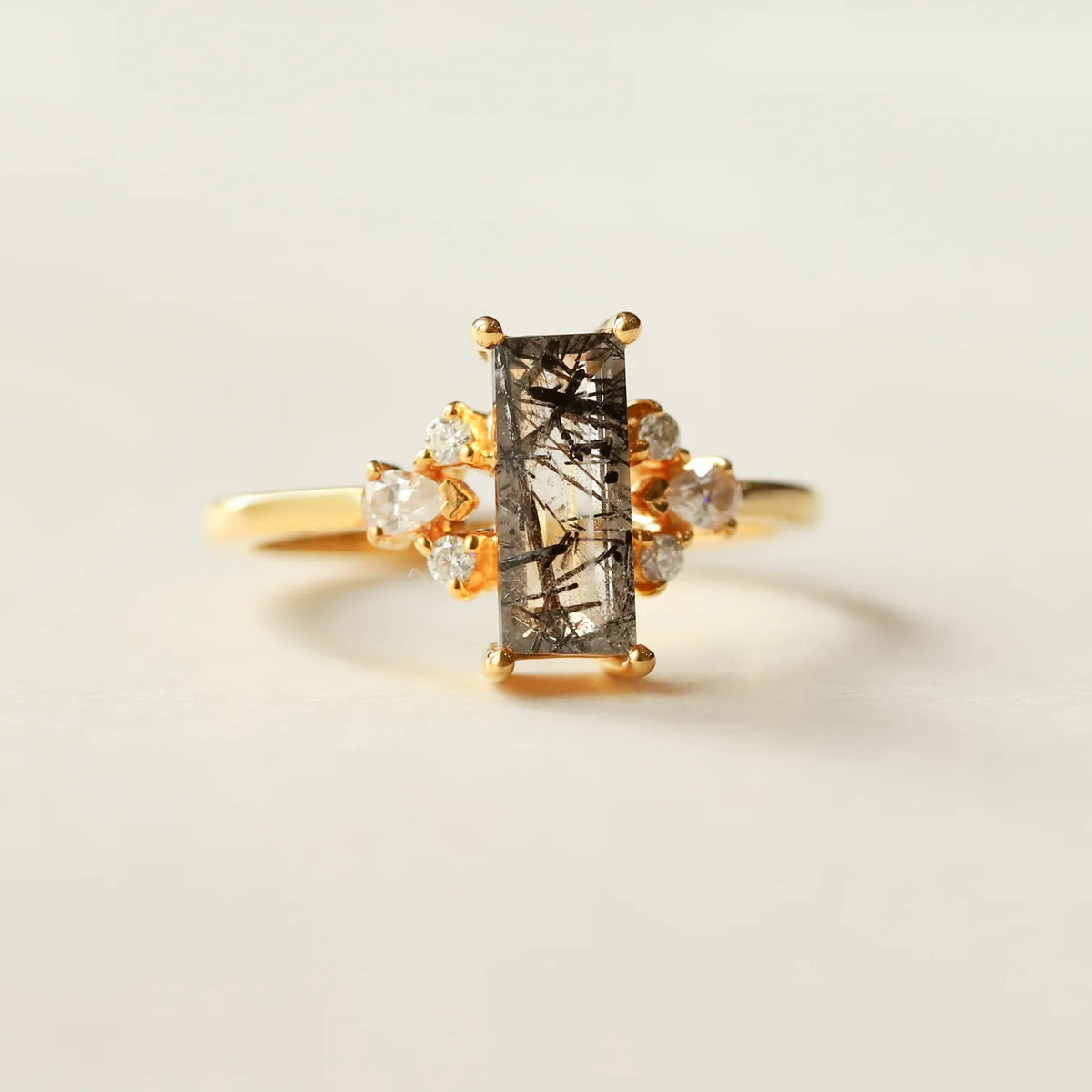 Sarah Black Rutile Quartz Baguette Ring with side Moissanite – Ezmey ...